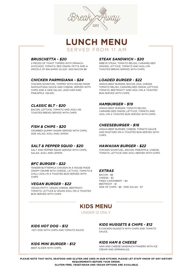 Menu at Break Away Cafe, Esperance