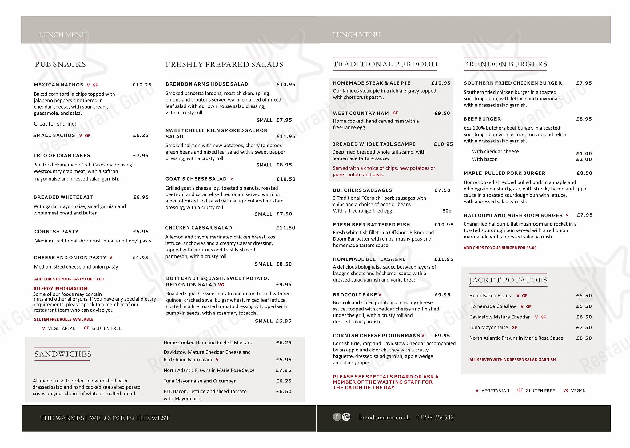 Menu at The Brendon Arms pub & bar, Bude