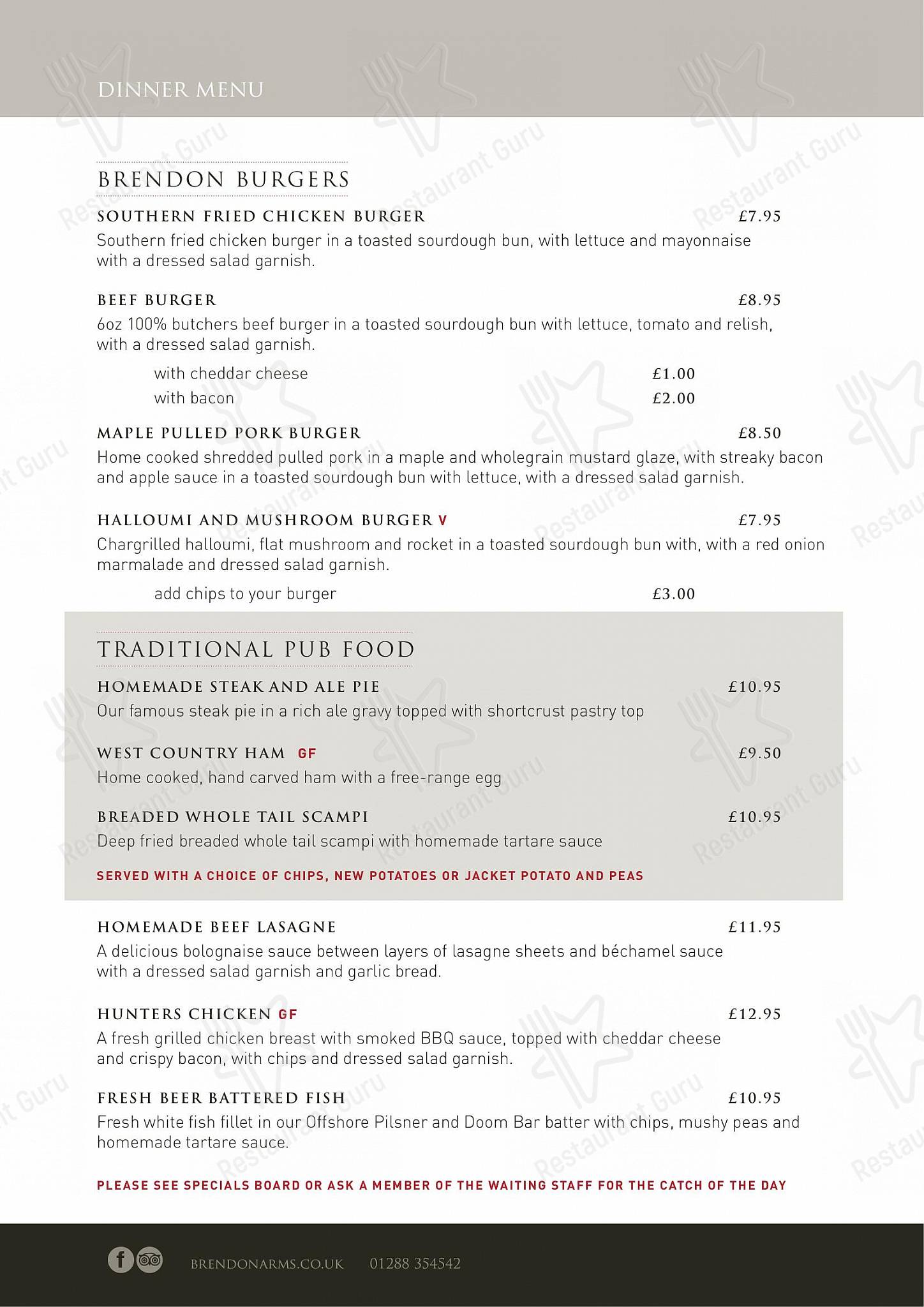 Menu at The Brendon Arms pub & bar, Bude