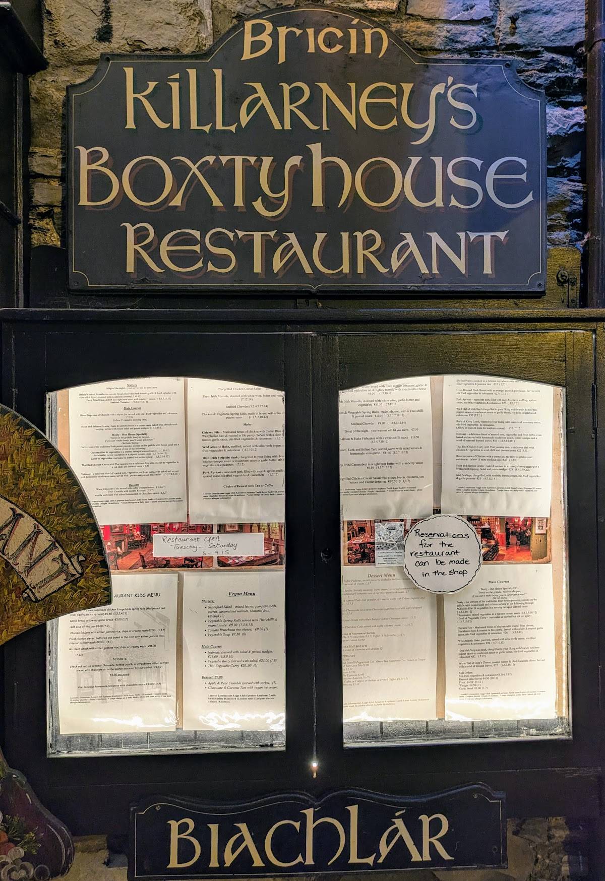 Menu at Bricín Restaurant and Boxty House, Killarney