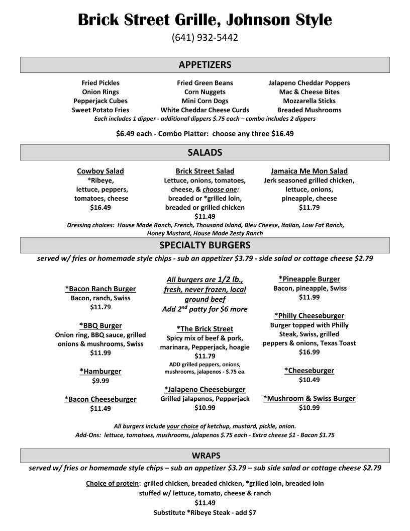 Menu at Brick Street Grille, Johnson Style pub & bar, Albia