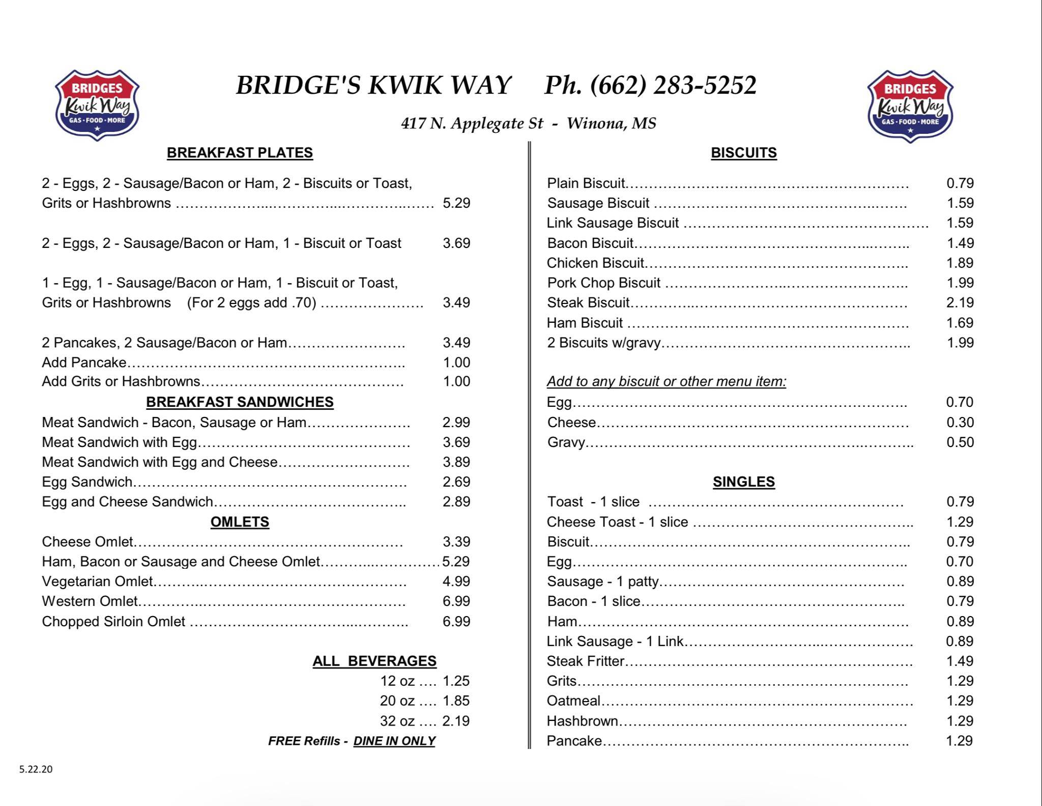 Menu at Bridges Kwik Way restaurant, Winona