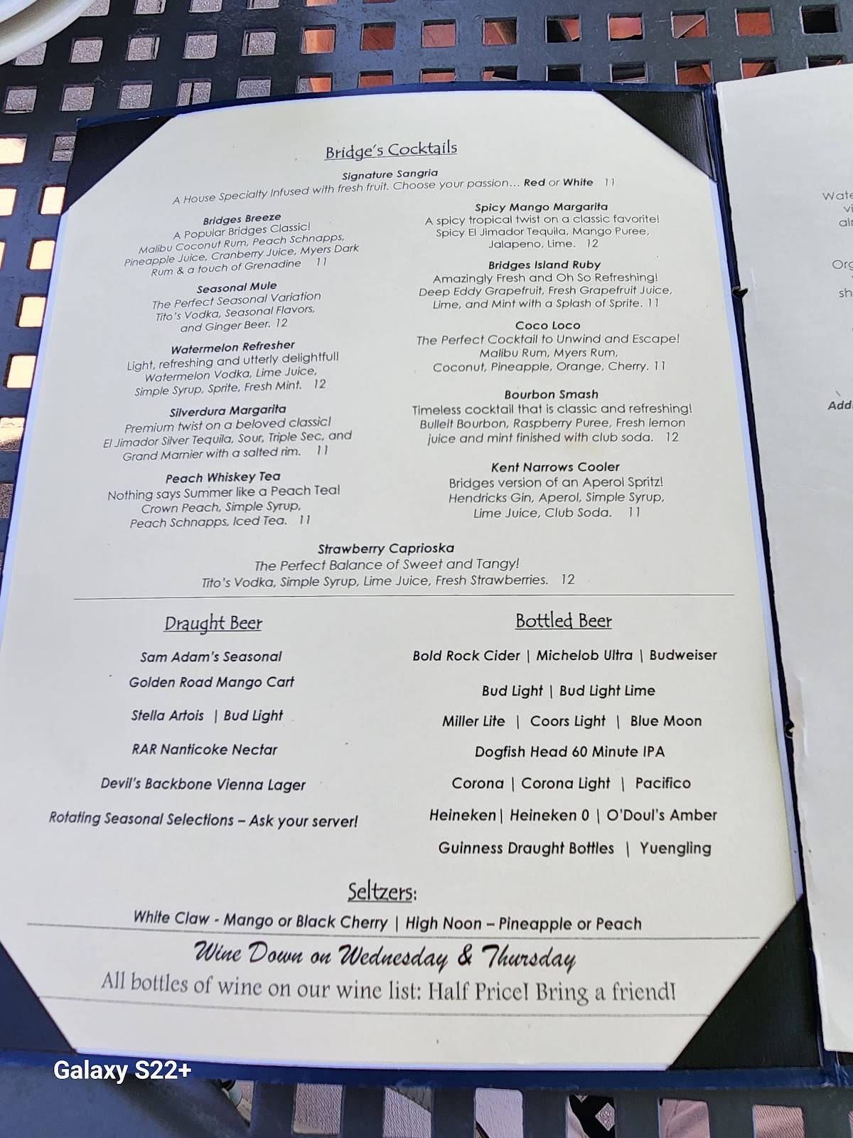 Menu at Bridges Restaurant on Kent Narrows, Grasonville