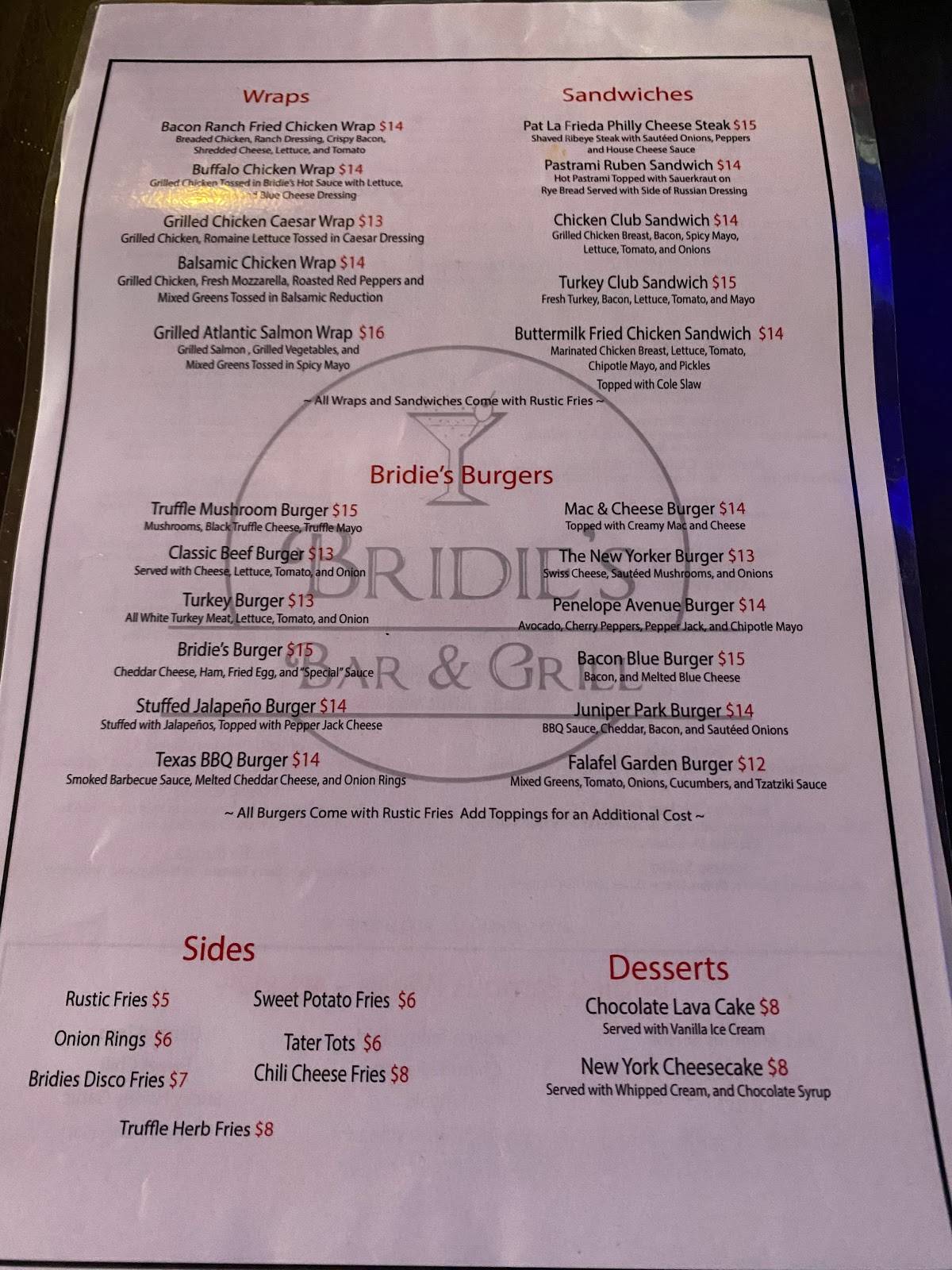 Menu at Bridie's Grill Room pub & bar, New York City