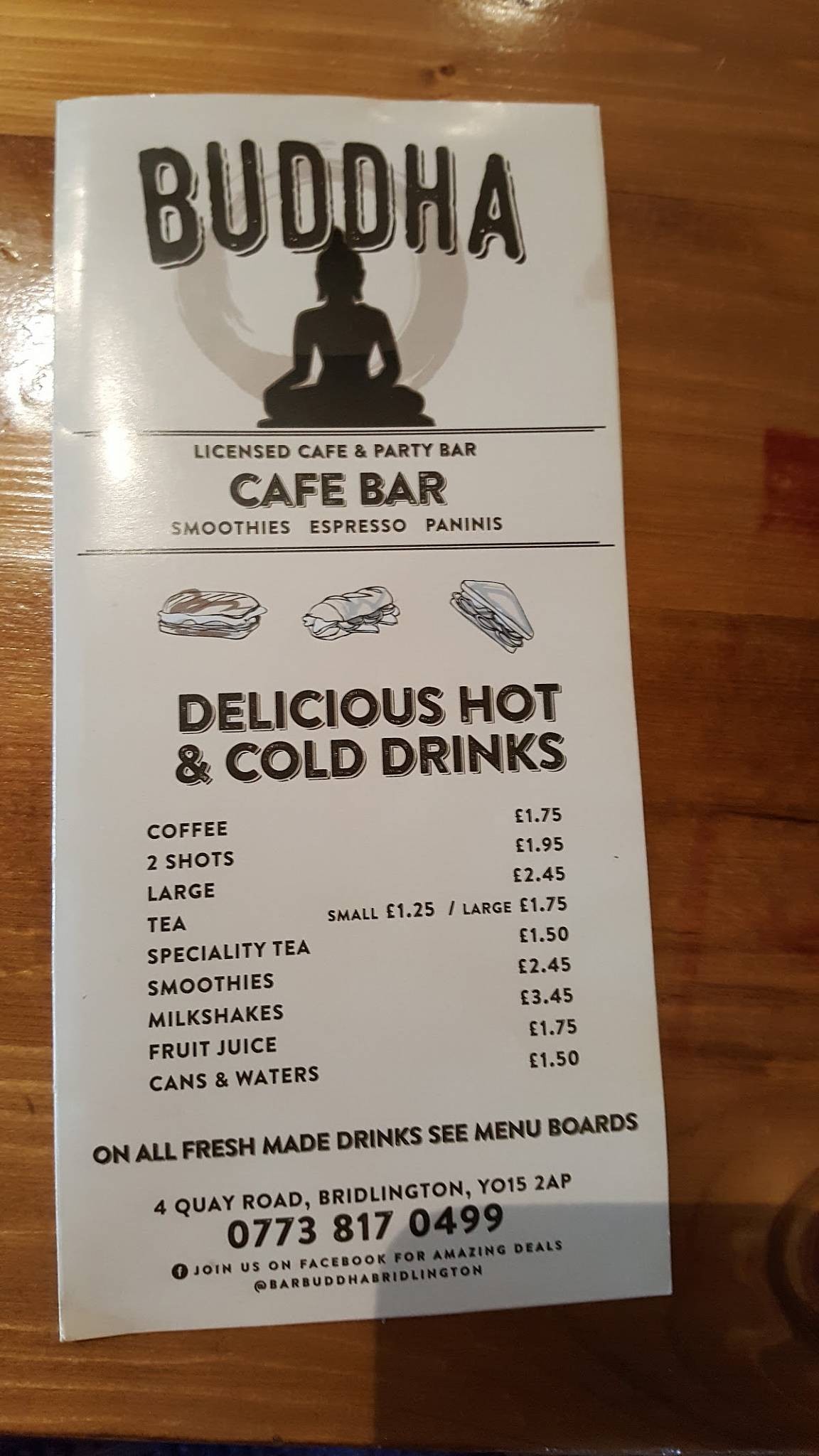 Menu at Buddha Bar, Bridlington