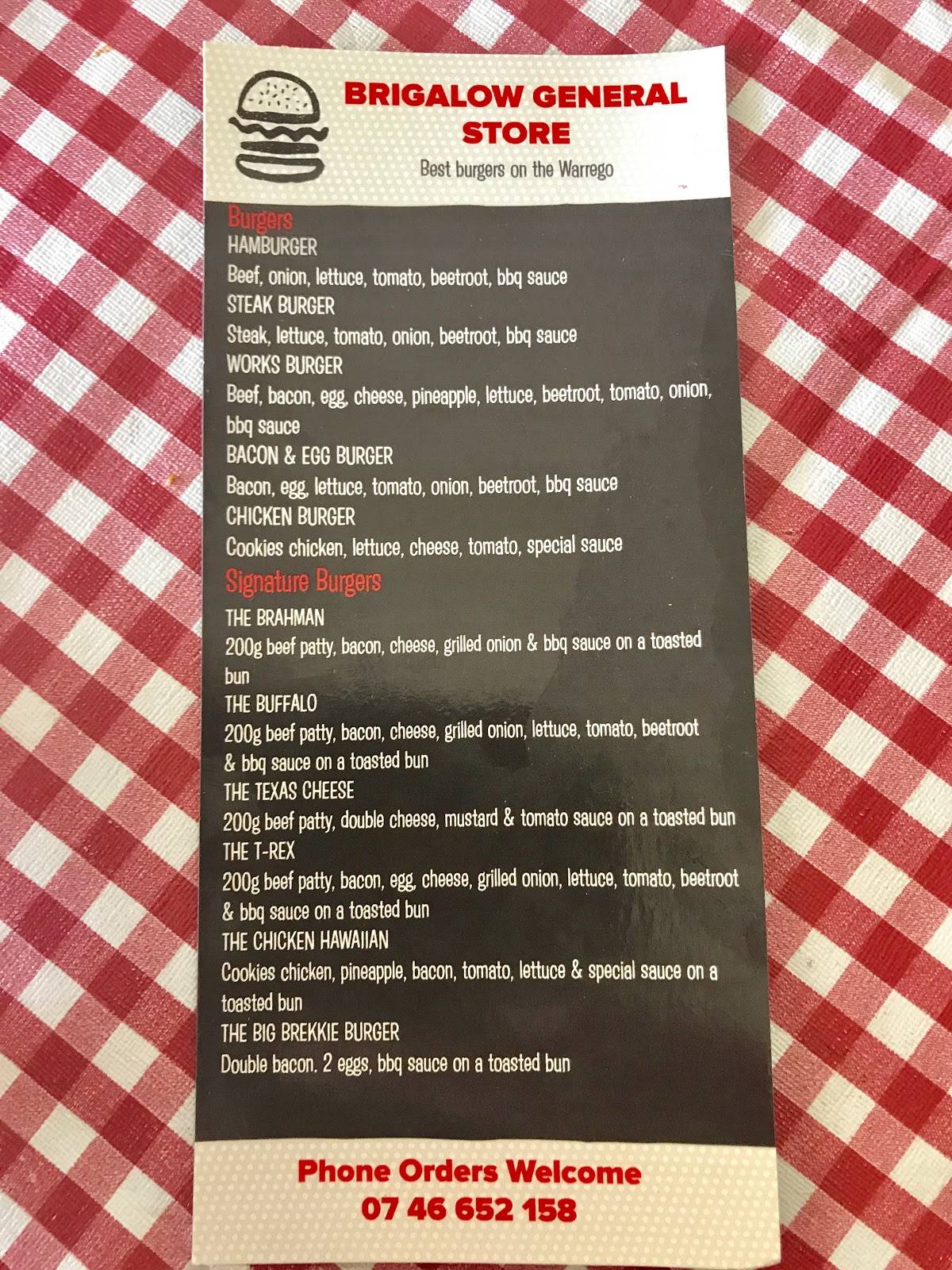 Menu at Brigalow General Store restaurant, Australia