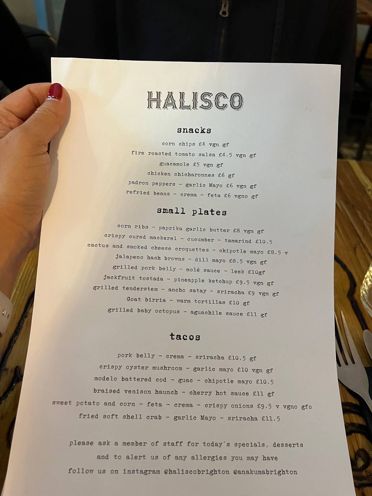 Menu at Halisco restaurant, Brighton