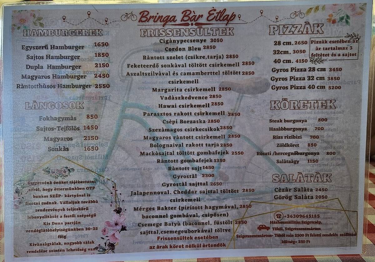 Menu at Bringa Bár Pizzeria, Szigetcsép