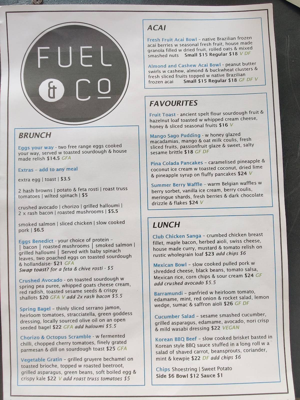 Menu at Fuel & Co cafe, Nundah
