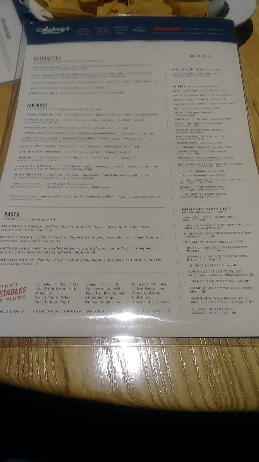 Menu at Aubrey's restaurant, Bristol