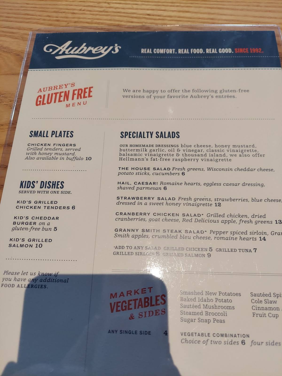 Menu at Aubrey's restaurant, Bristol