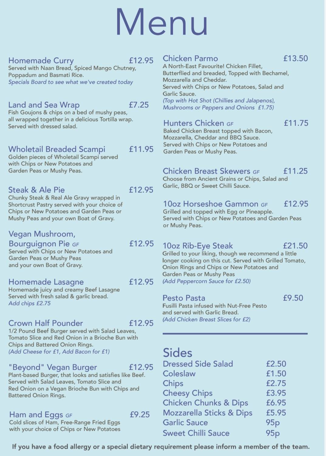 Menu at The Crown pub & bar, Brompton on Swale