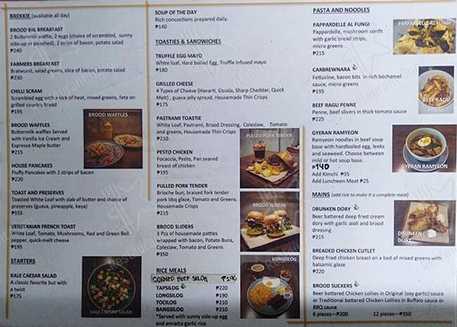 Menu at Brood Coffee Workspace + Community cafe, Quezon City