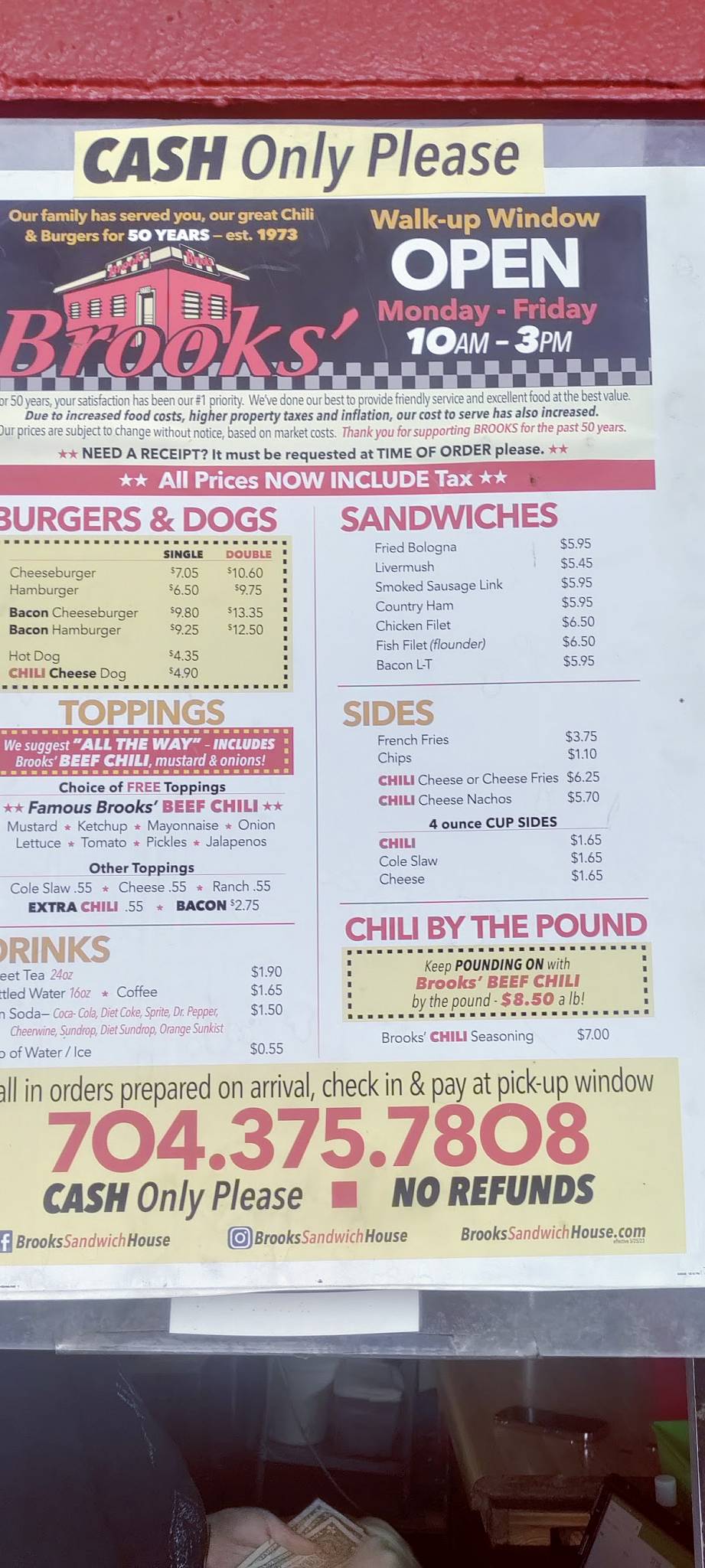 Menu at Brooks' Sandwich House restaurant, Charlotte