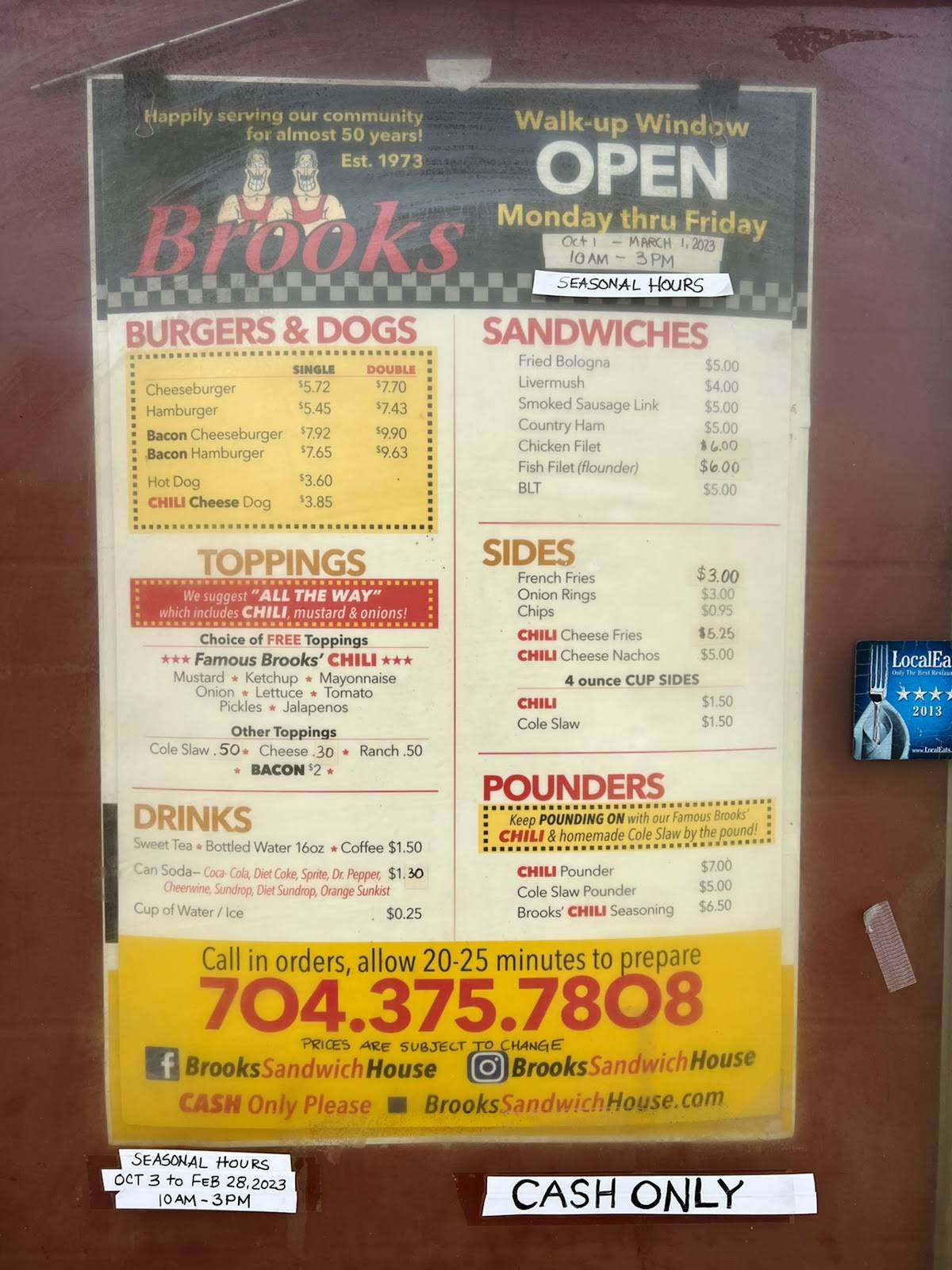 Menu at Brooks' Sandwich House restaurant, Charlotte