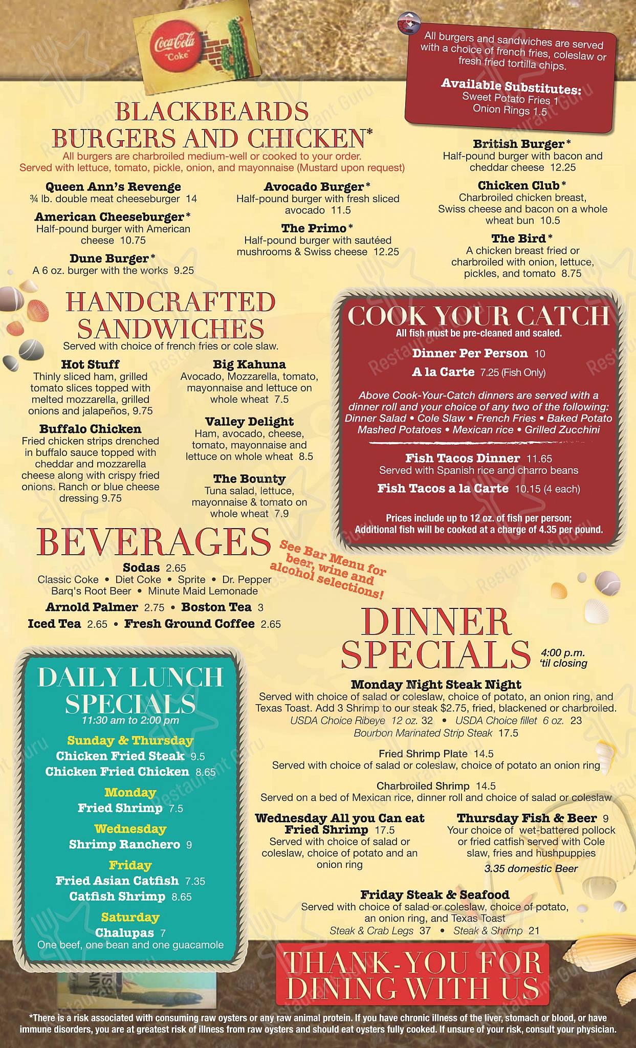 Menu at Blackbeards' pub & bar, South Padre Island