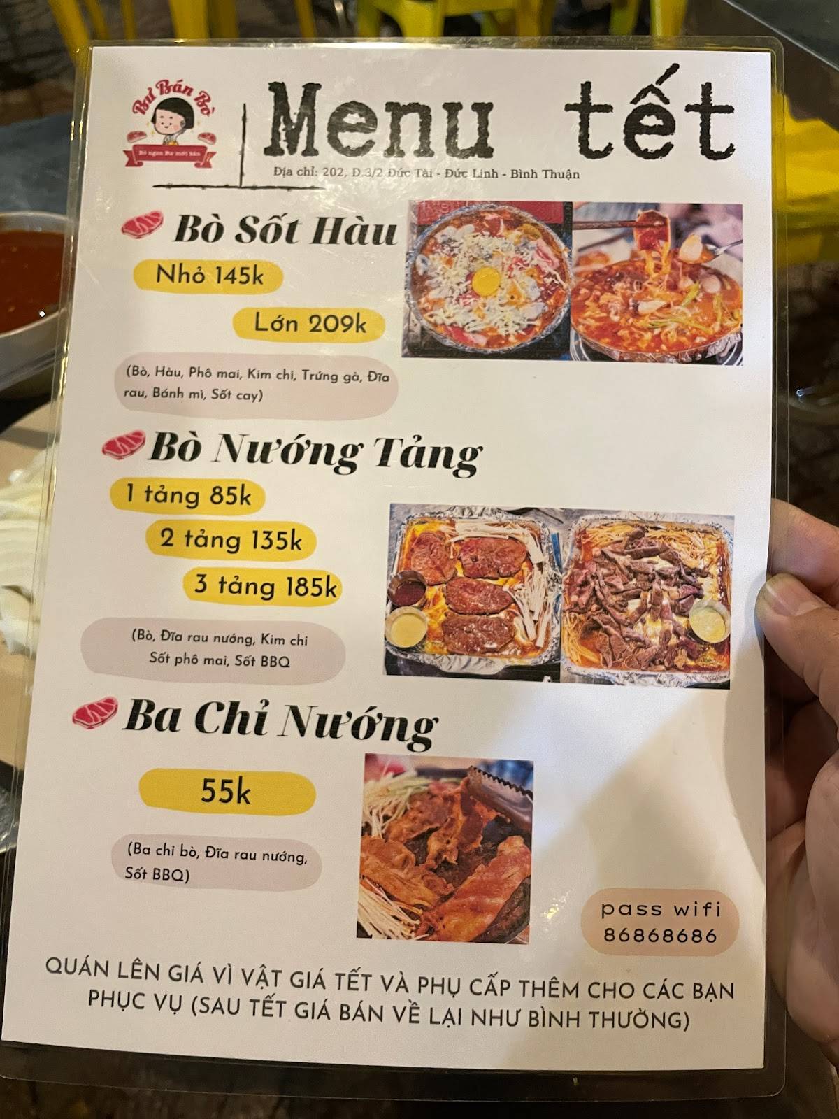 Menu at Bư Bán Bò restaurant, Vietnam