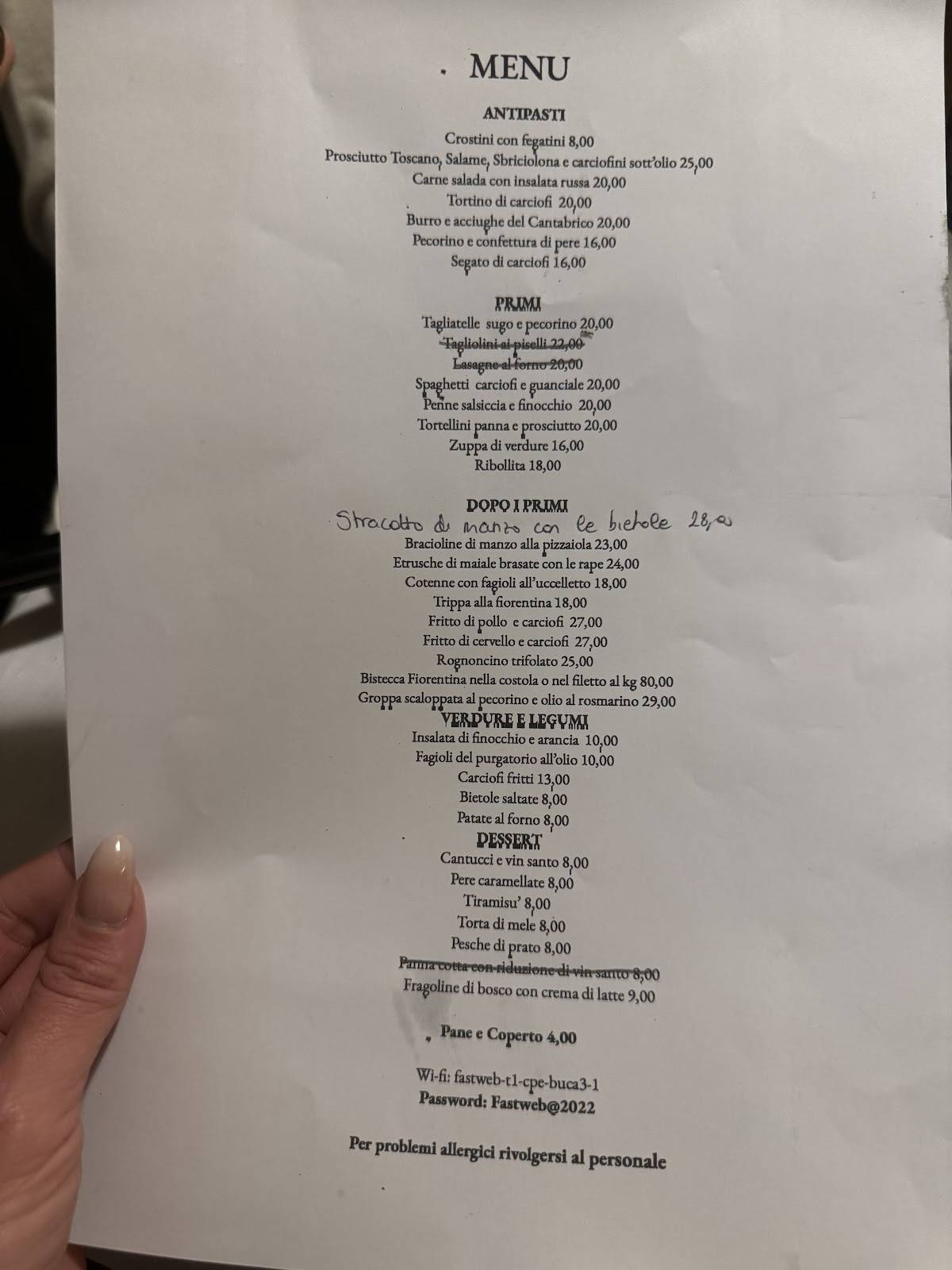 Menu at Buca dell'Orafo restaurant, Florence, Via dei Girolami