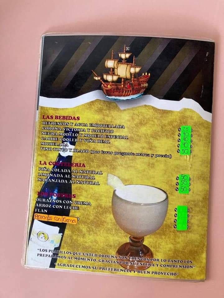Menu at Bucanero restaurant, Mexico City, Canal de Tezontle 524