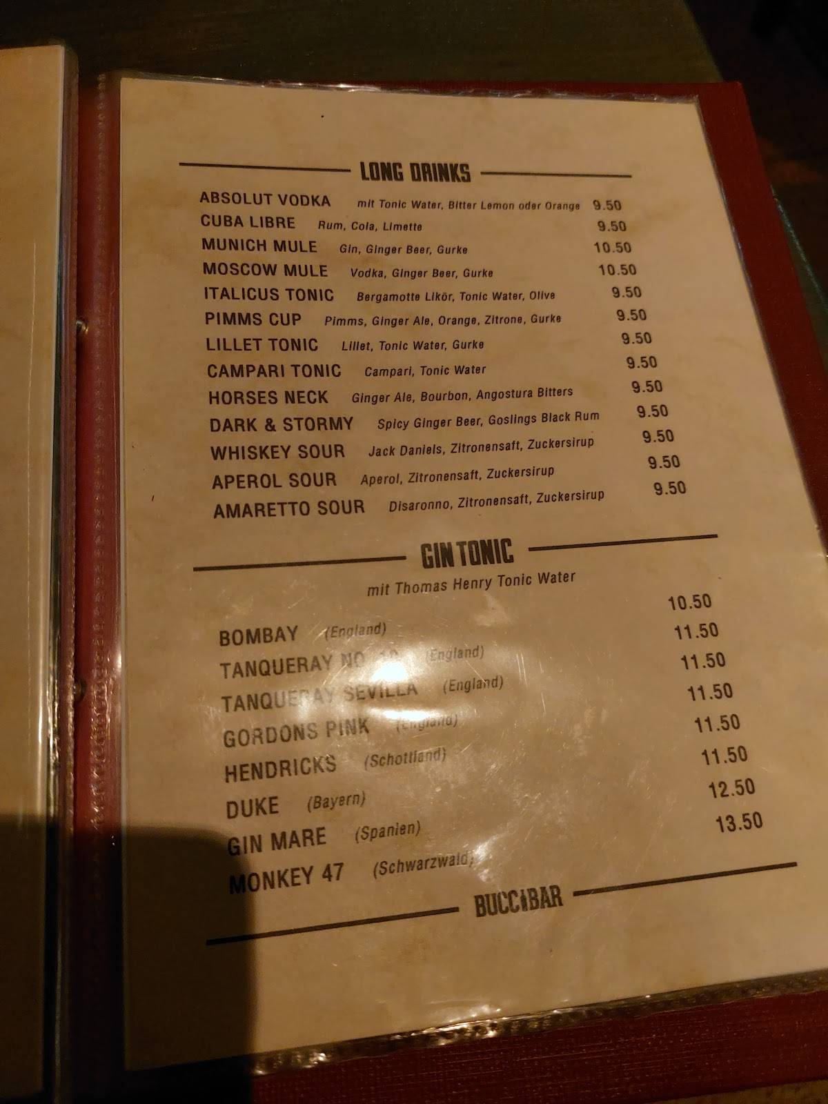 Speisekarte von Bucci Bar, München