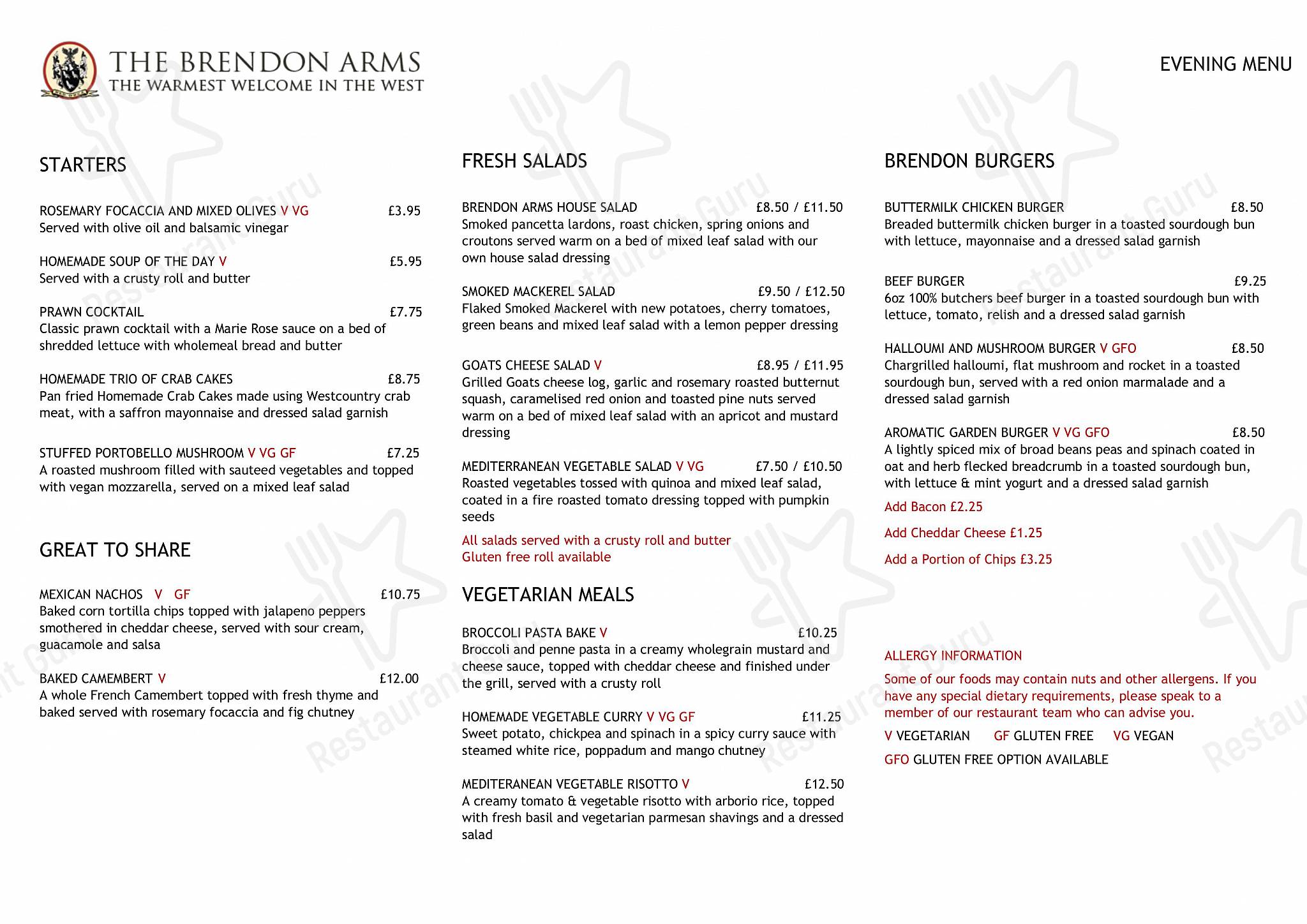 Menu at The Brendon Arms pub & bar, Bude