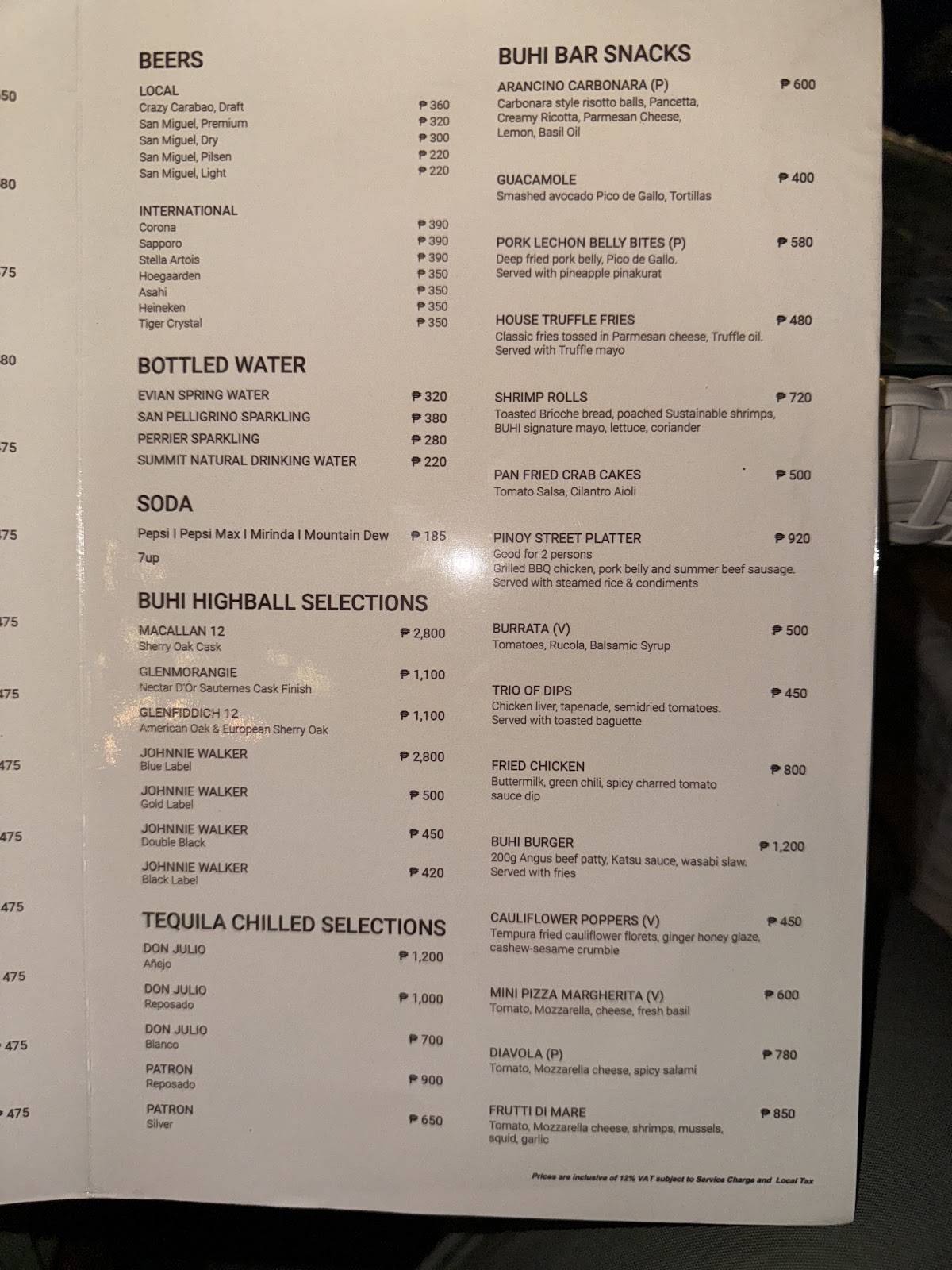 Menu at Buhi Cave Bar, Lapu-Lapu City