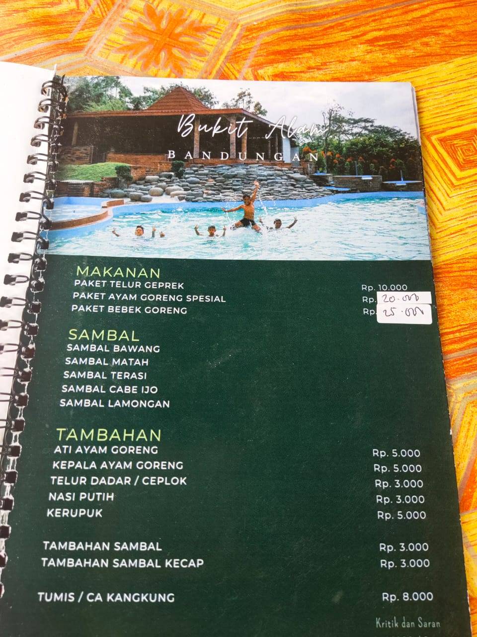 Menu at Bukit Alam restaurant, Bandungan