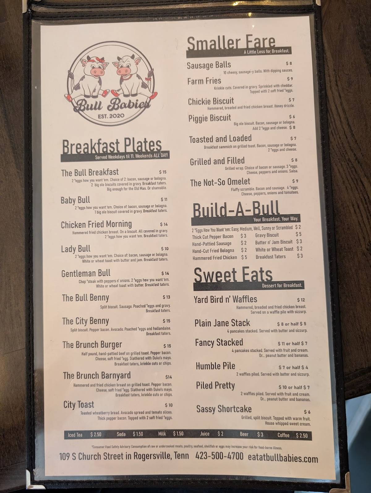 Menu at Bull Babies desserts, Rogersville