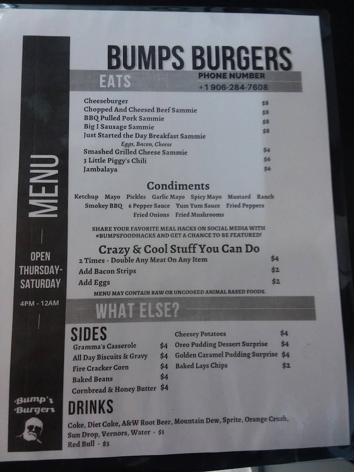 Menu at Bump's Burgers restaurant, Iron River