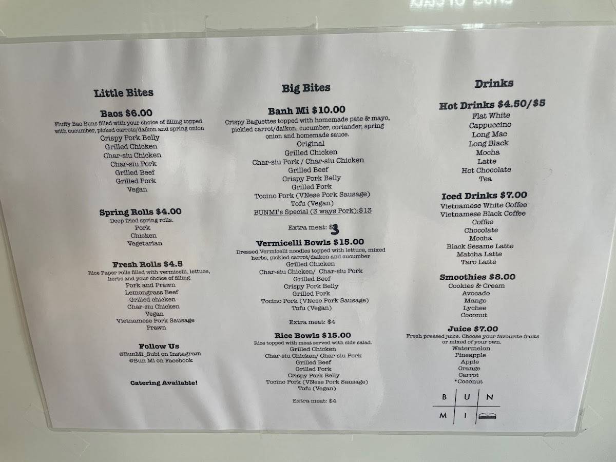 Menu at Bun Mi restaurant, Subiaco