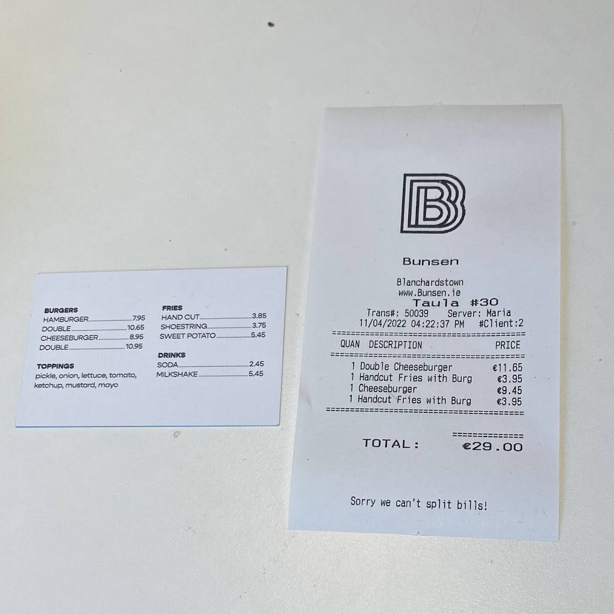 Menu at Bunsen Blanchardstown restaurant, Dublin