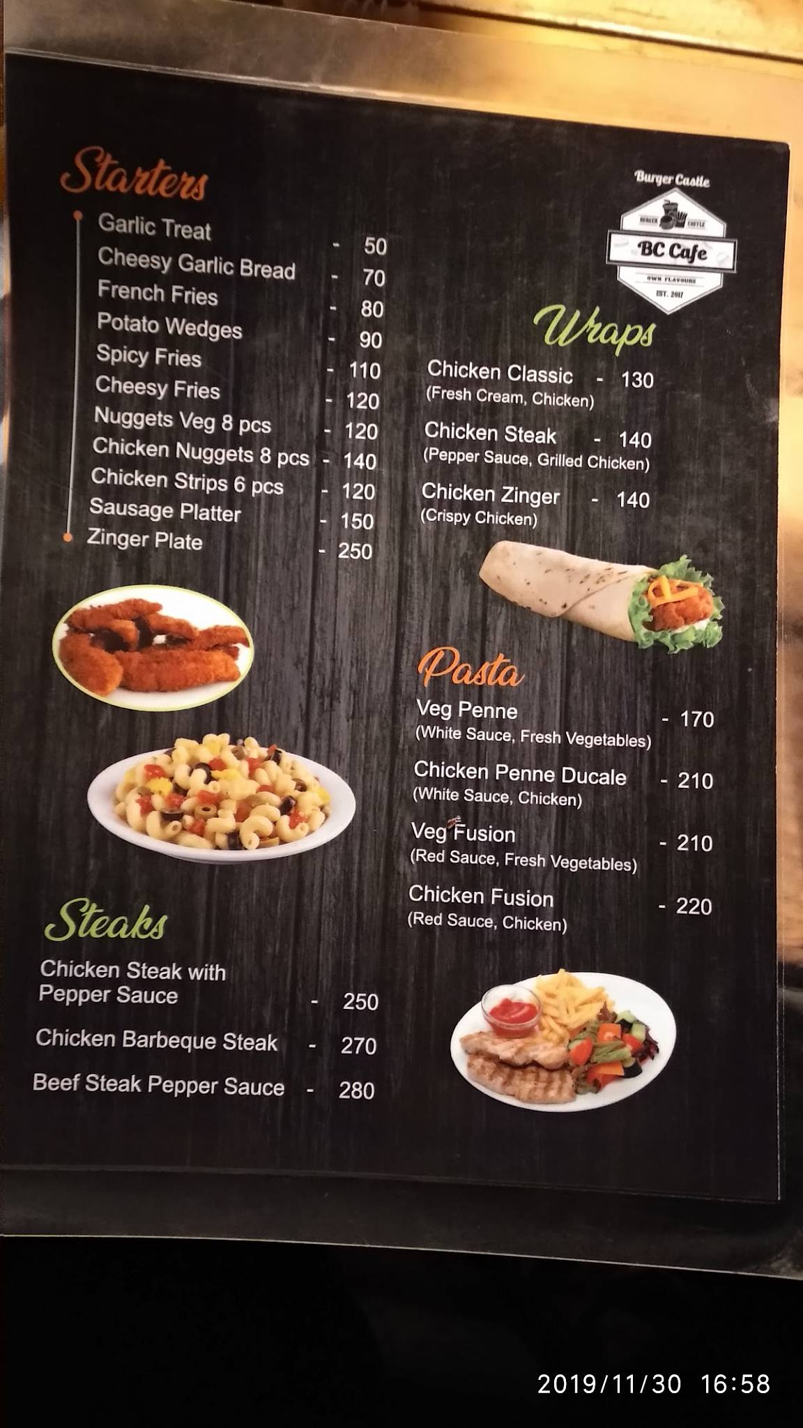 Menu at Burger Castle BC Cafe, Thrissur, G6FC+5GQ