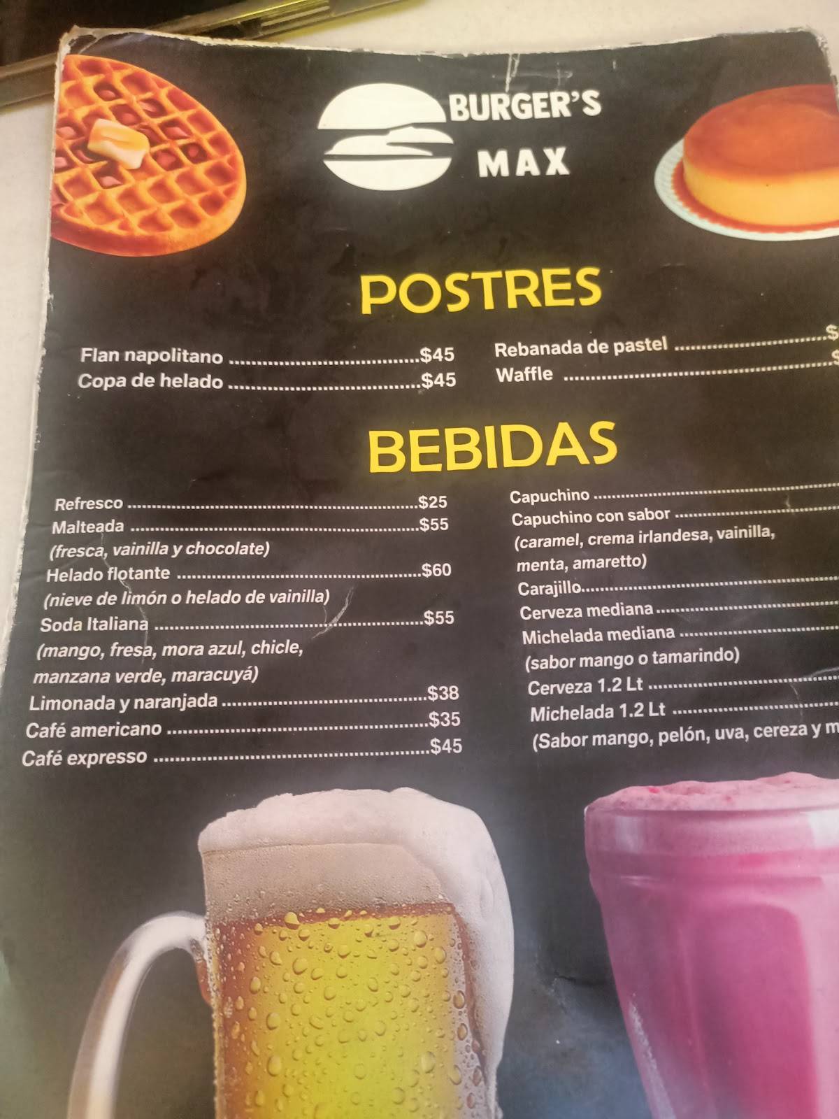 Menu at Burger Max restaurant, Mexico City