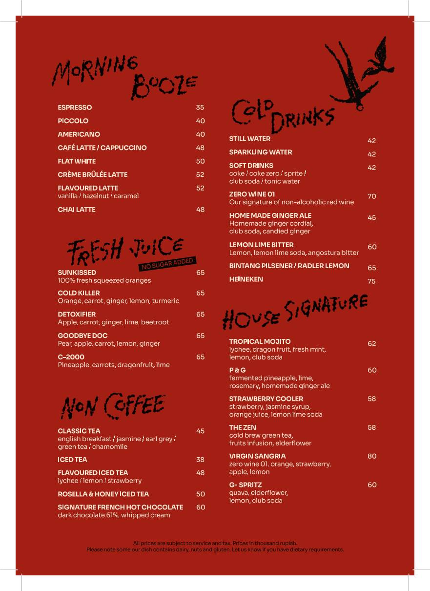Menu at Burns restaurant, South Jakarta