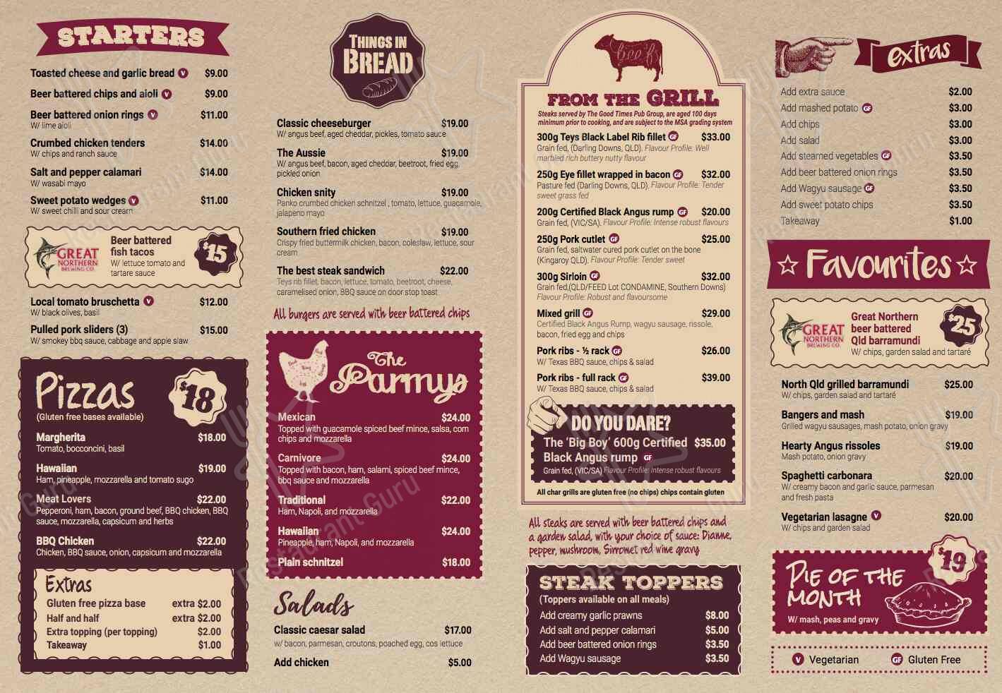 Menu at Burnside Tavern restaurant, Yatala