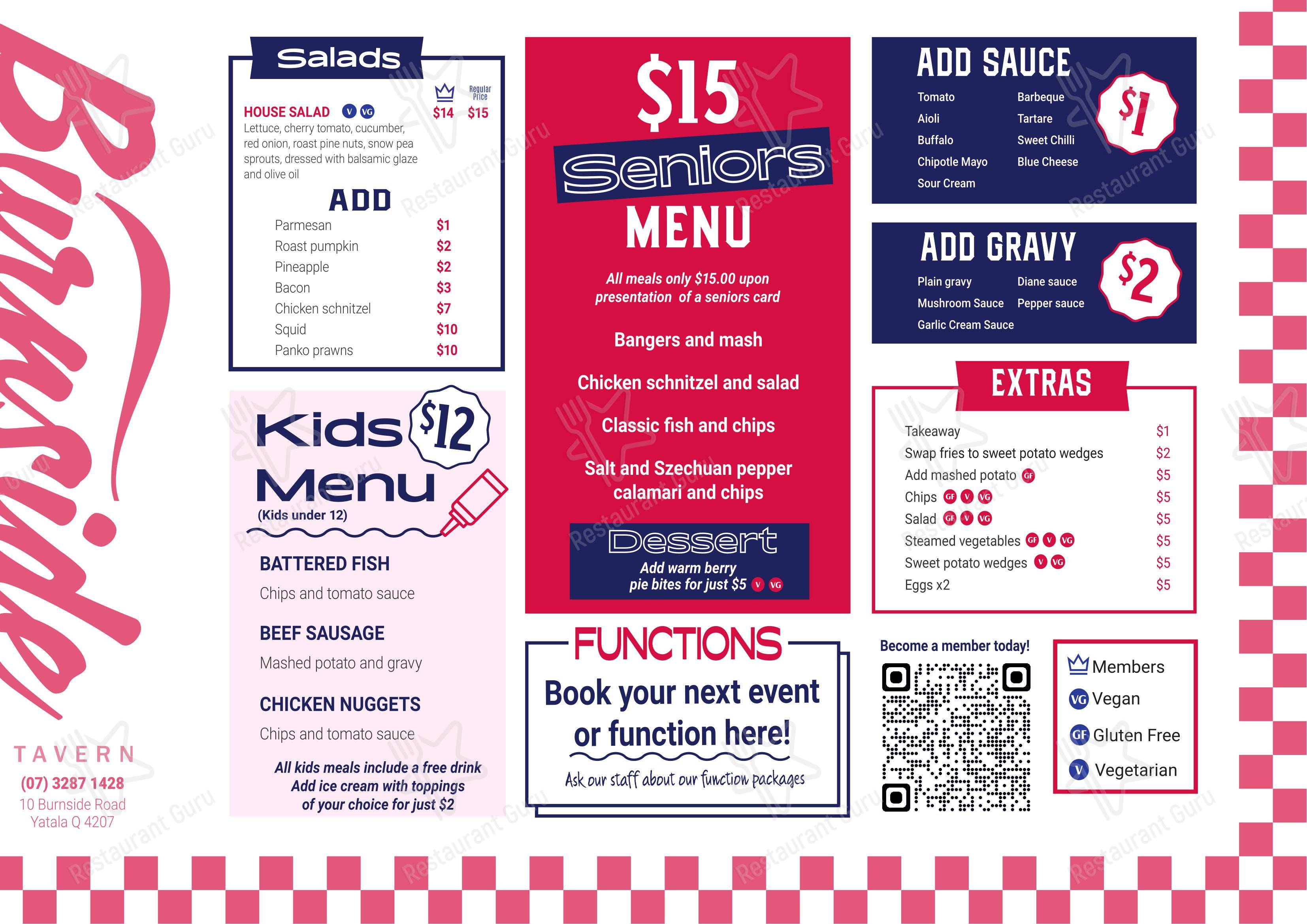 Menu at Burnside Tavern restaurant, Yatala