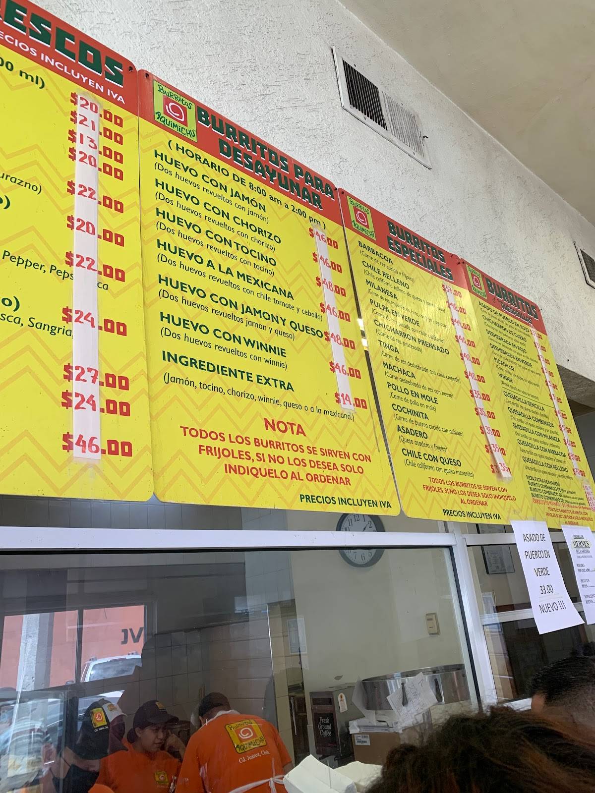 Menu at Burritos Aquimichú restaurant, Ciudad Juarez