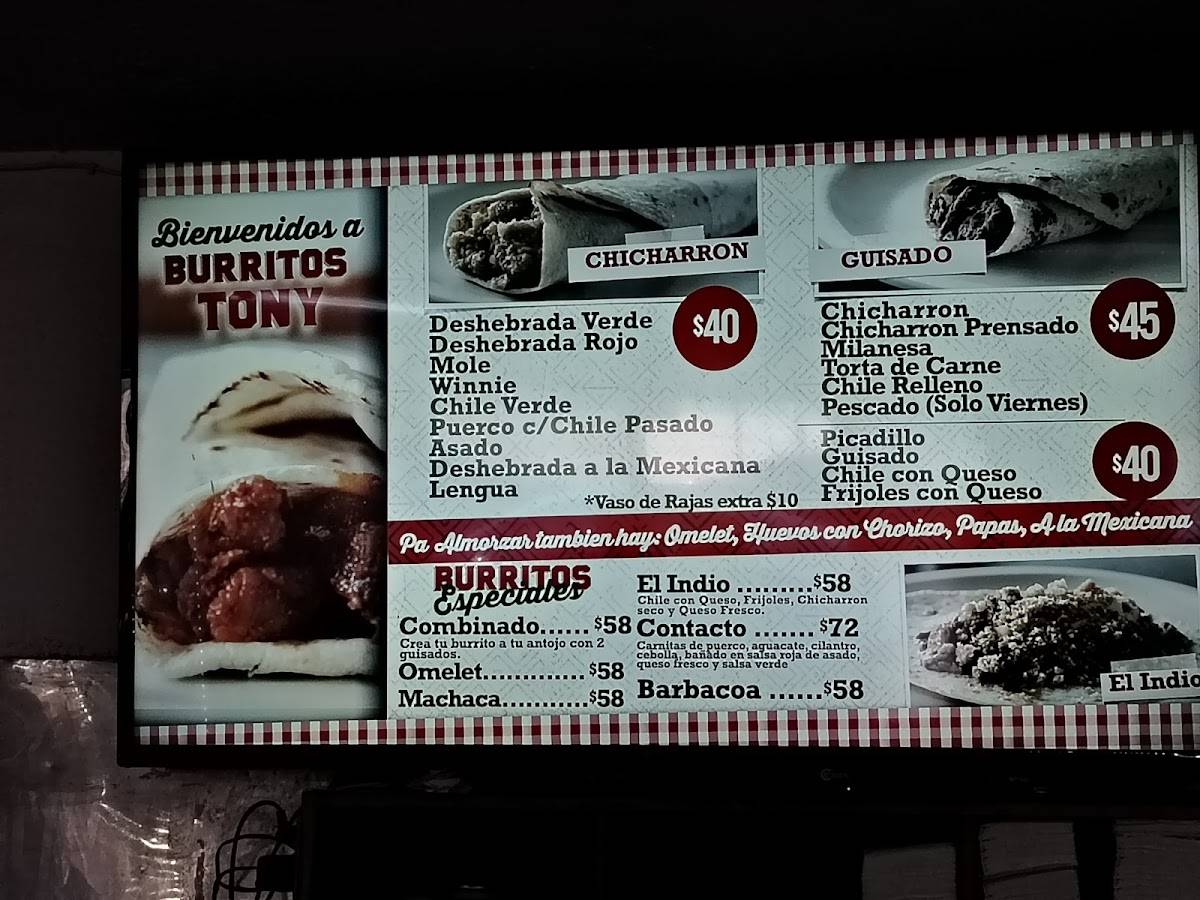 Menu at Burritos Tony restaurant, Ciudad Juarez, G. M. Solis 315