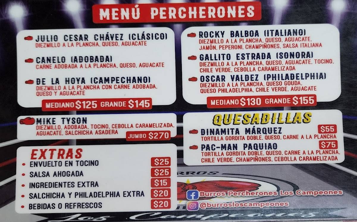 Carta del restaurante Burros percherones Los Campeones, Hermosillo