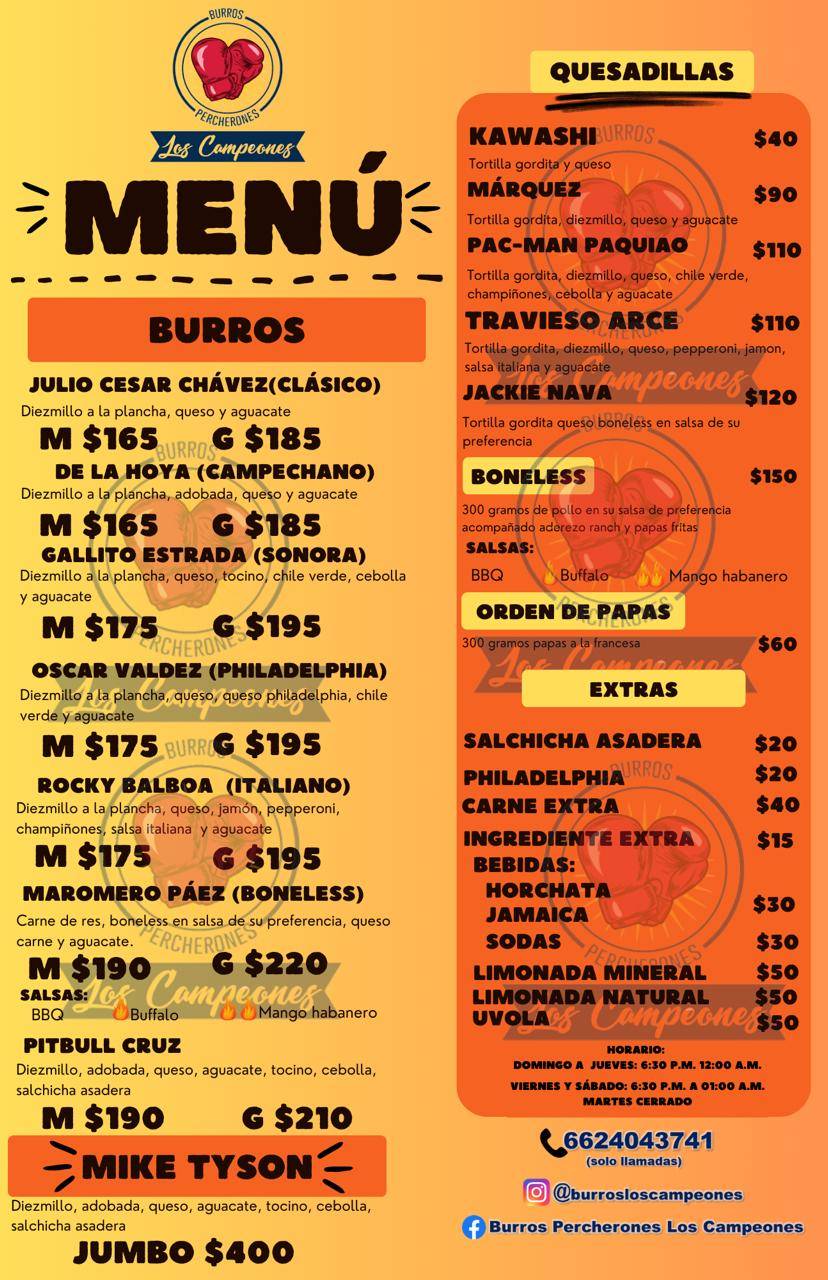 Carta del restaurante Burros percherones Los Campeones, Hermosillo