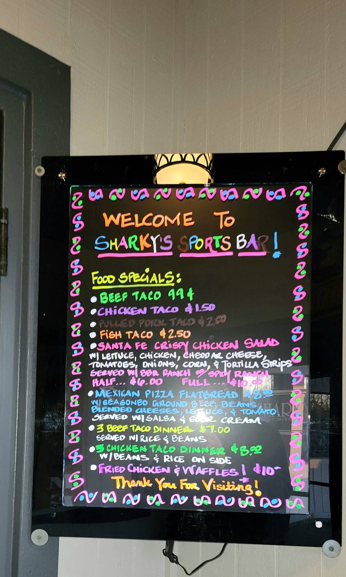 Menu at Sharky's Sports Bar, Burton