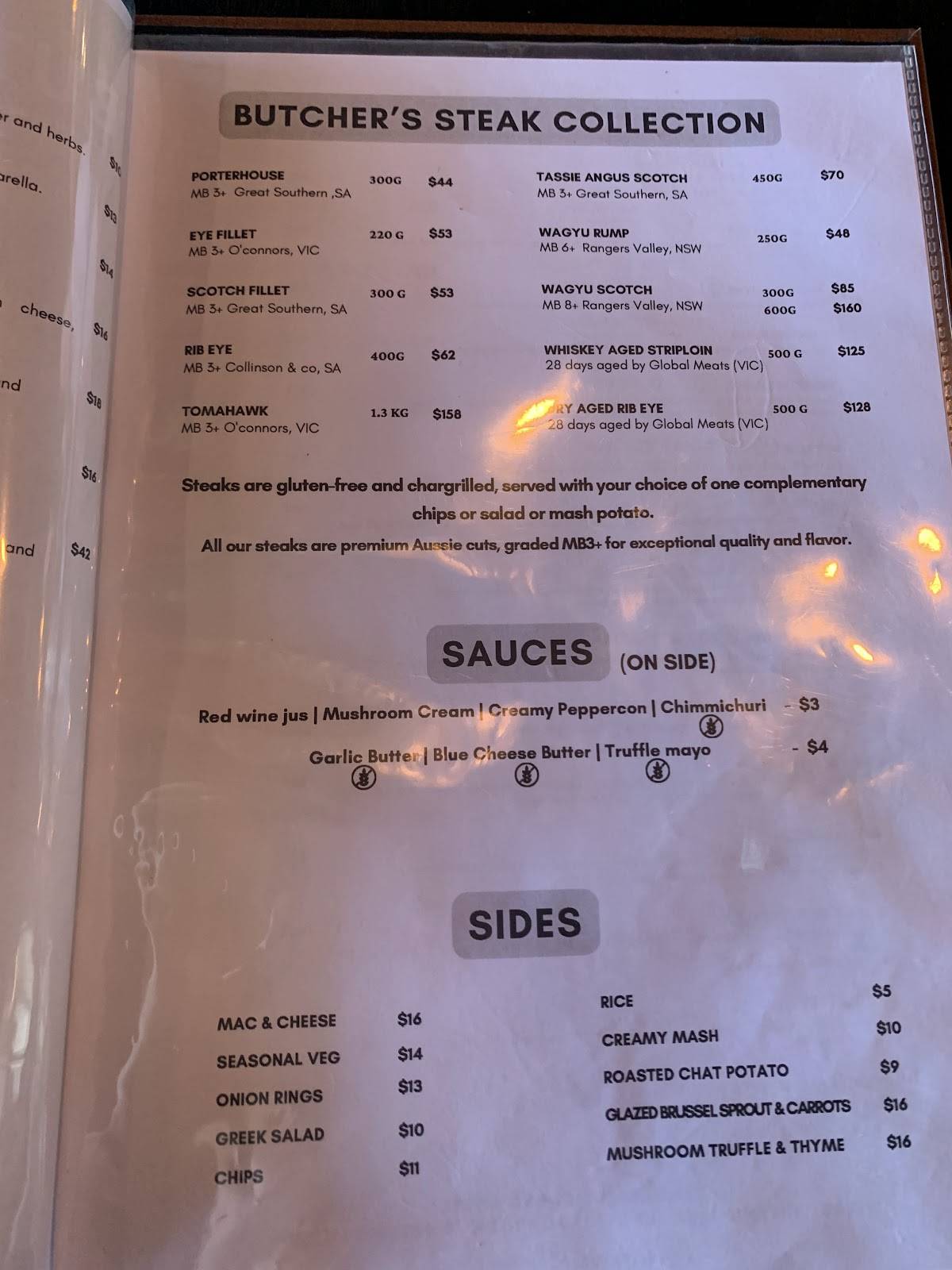 Menu at Butcher's Prime Shepparton, Shepparton