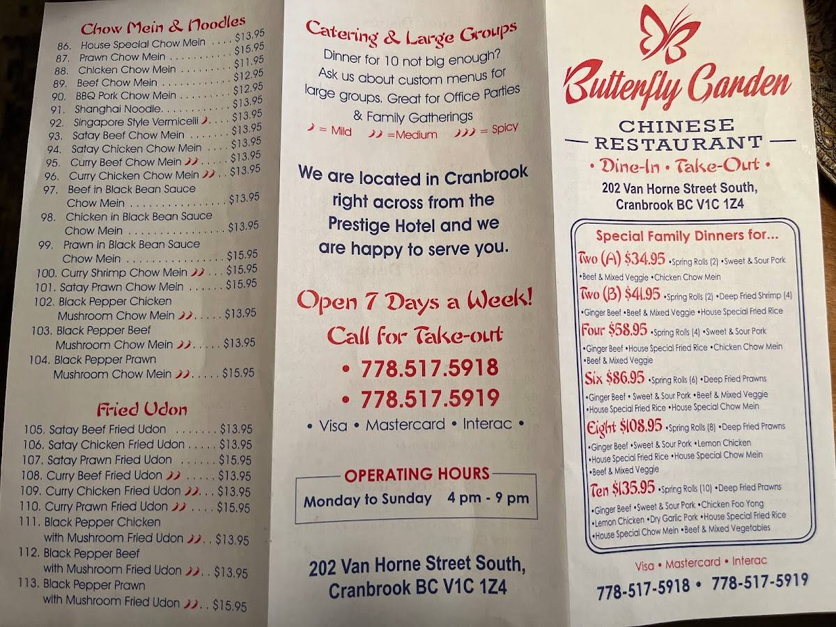 Menu at Butterfly Garden restaurant, Cranbrook