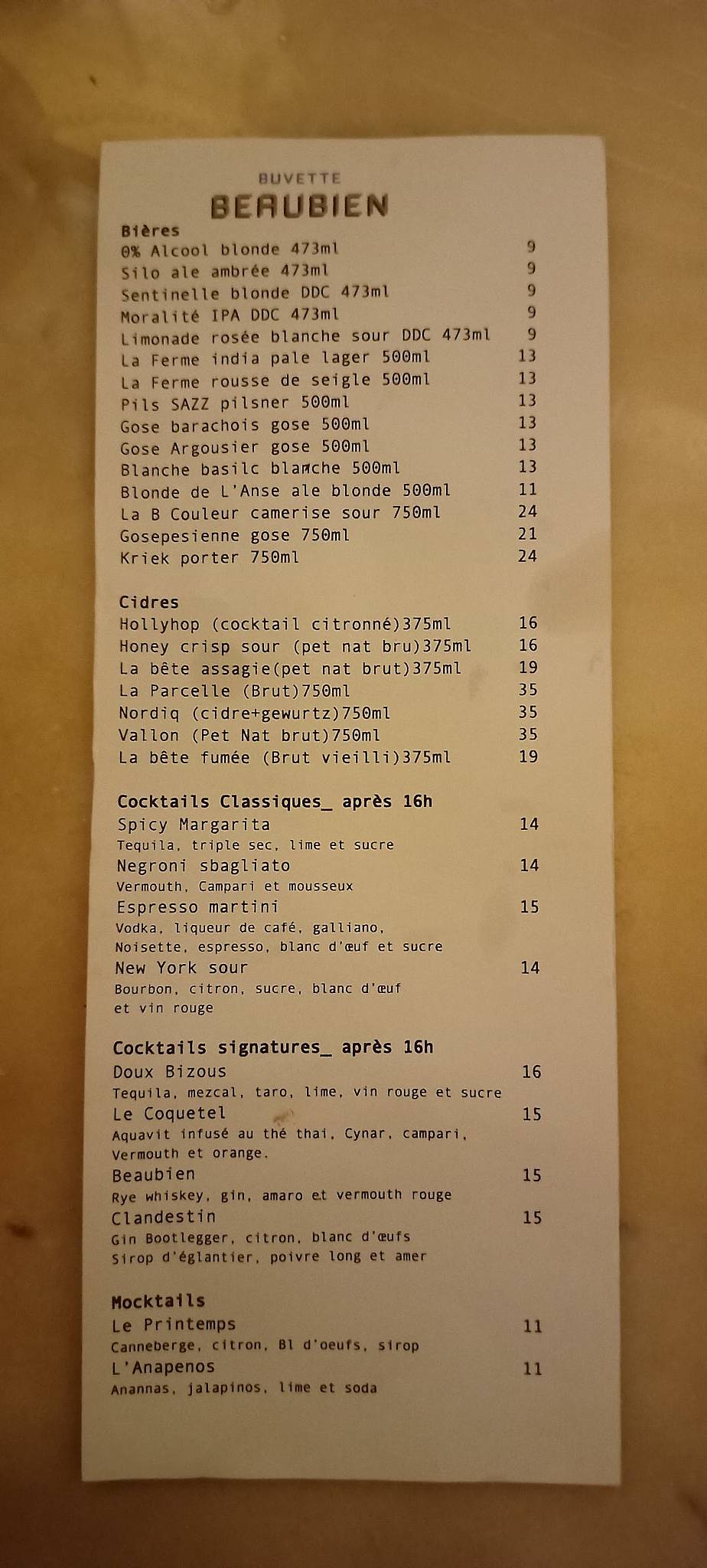 Menu au Buvette Beaubien restaurant, Montréal