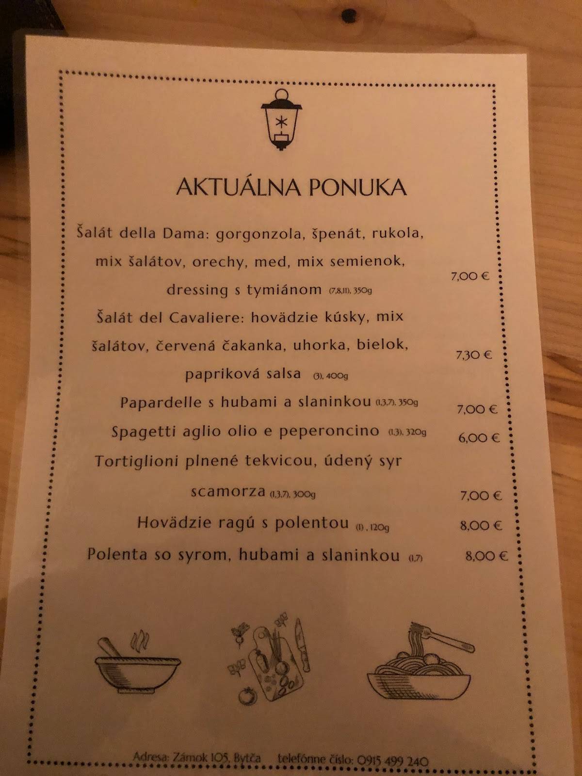 Menu at La Storia restaurant, Bytča