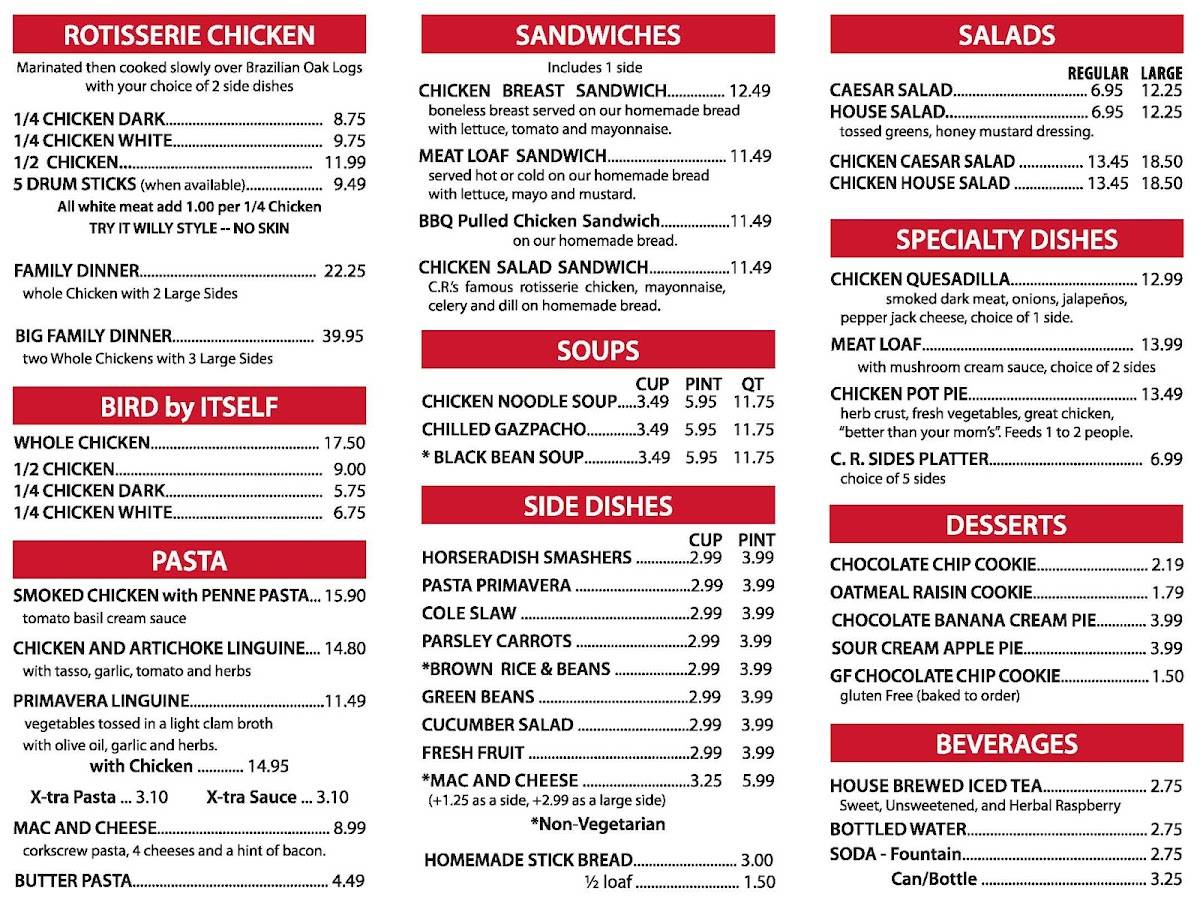 Menu at C.R. Chicks (Palm Springs) restaurant, Palm Springs