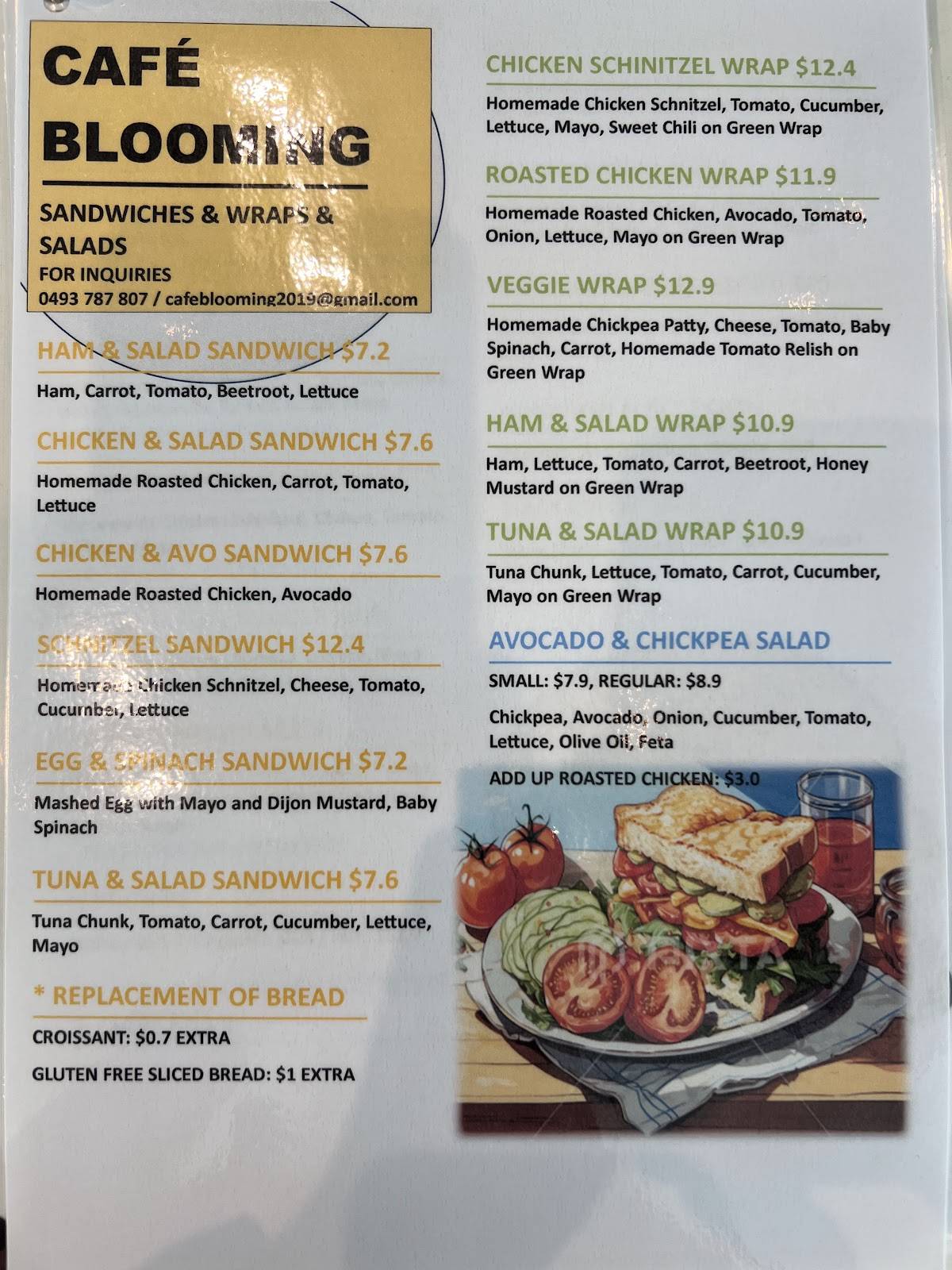 Menu at CAFE BLOOMING, West Perth