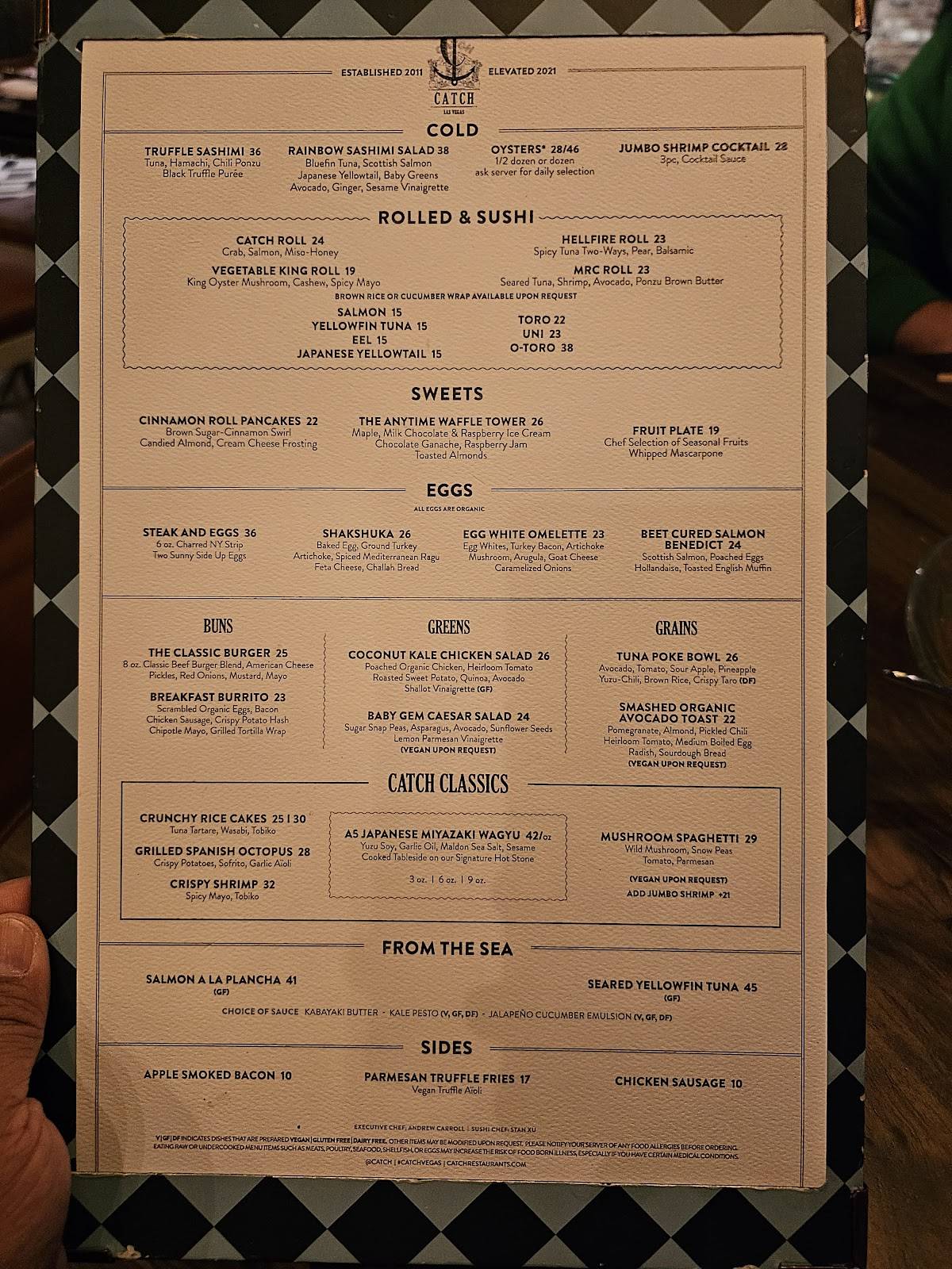 Menu at CATCH restaurant, Las Vegas