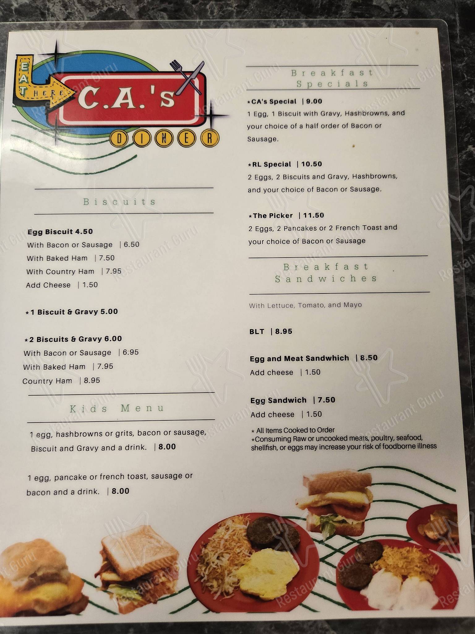 Menu at CA's Diner restaurant, Weaverville