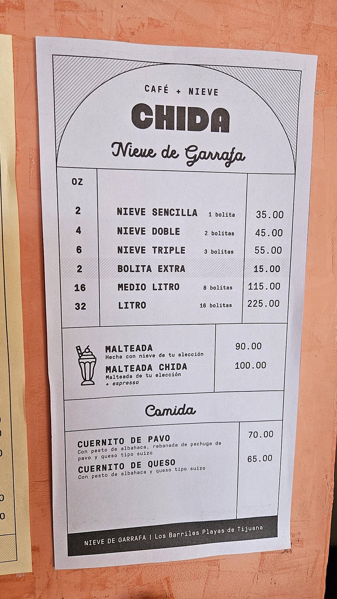 Carta de coffee house CHIDA, Tijuana